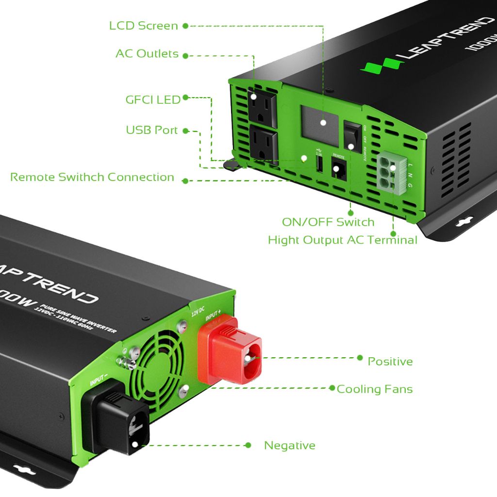 Leaptrend 1000W 12V to 110V/120V Pure Sine Wave Battery Power Inverter ...
