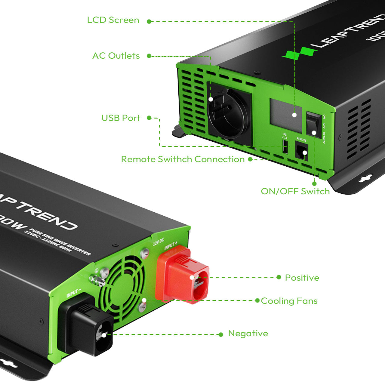 Leaptrend 1000W 12V to 220V/230V Pure Sine Wave Battery Power Inverter ...